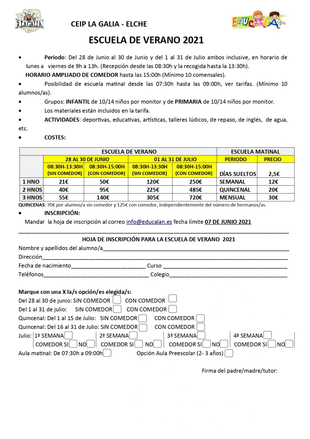 Formulario de inscripción Escuela de verano 2021 – CEIP LA GALIA