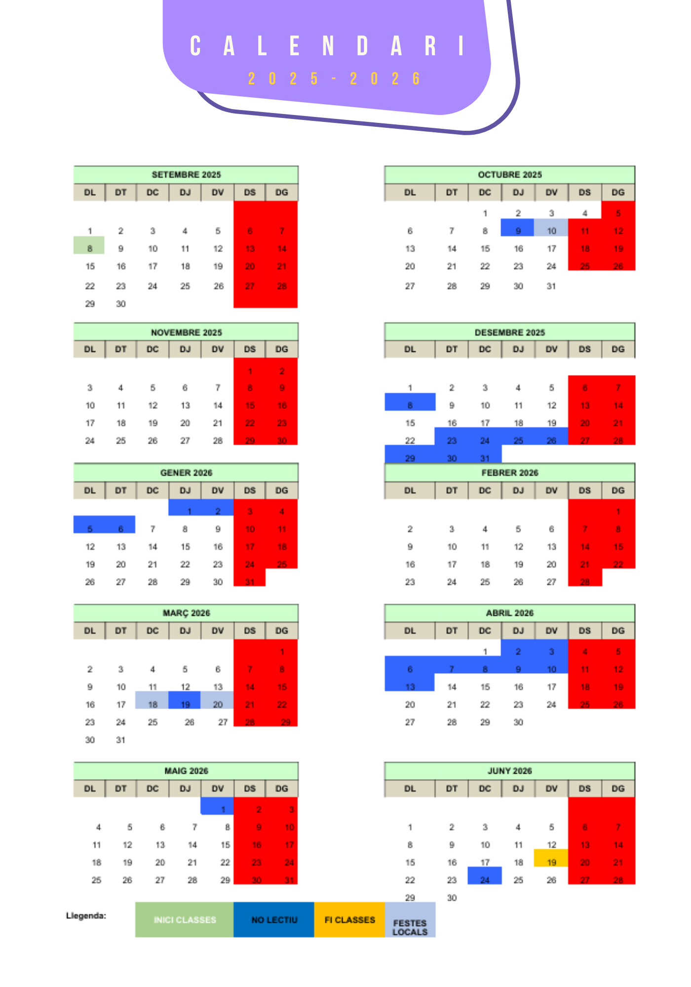 Calendario escolar 2025/2026 – CEIP Rei en Jaume