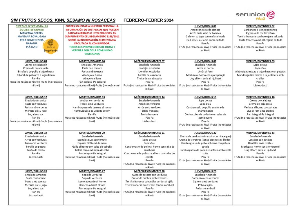 MENÚS FEBRER – CEIP CARDENAL CISNEROS