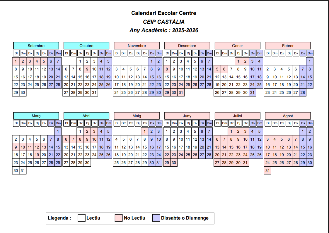 Calendari del curs – CEIP CASTÀLIA