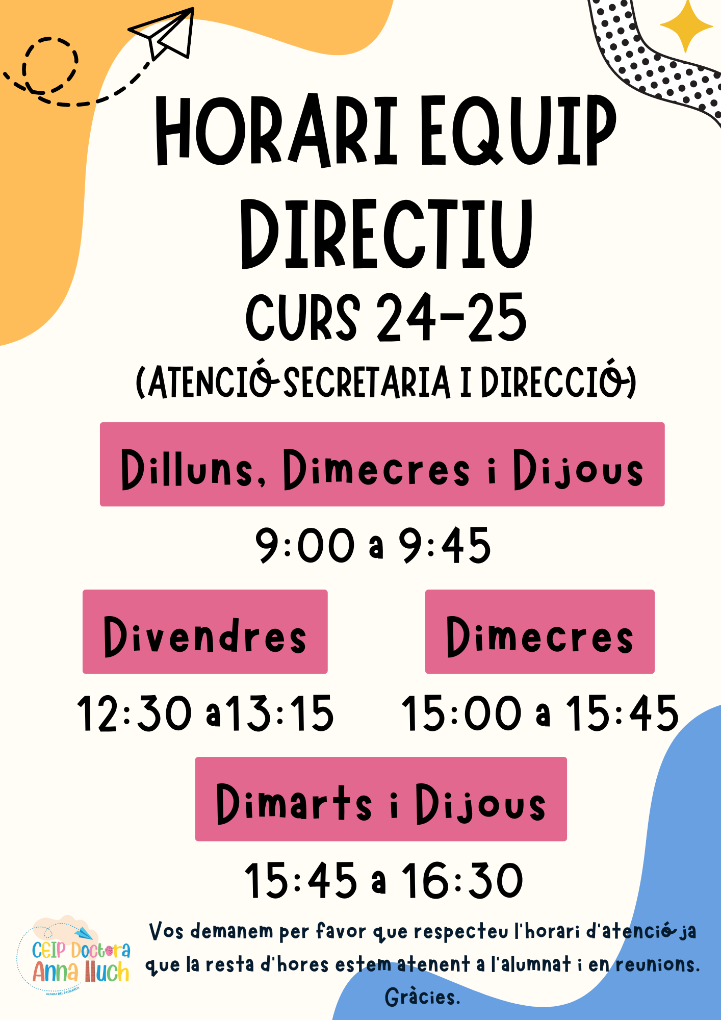 Horari atenció famílies de l’equip directiu – CEIP DOCTORA ANNA LLUCH