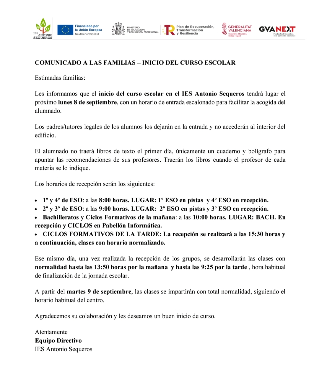 Comunicado Familias Inicio Curso (Curso 2025/2026) – IES ANTONIO SEQUEROS