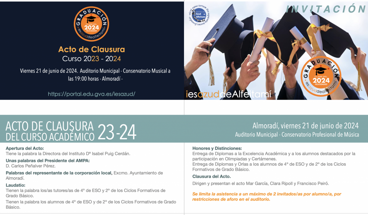 Acto de graduación del alumnado de 4º ESO y 2º curso de CFGB curso 23-24 – IES AZUD DE ALFEITAMÍ