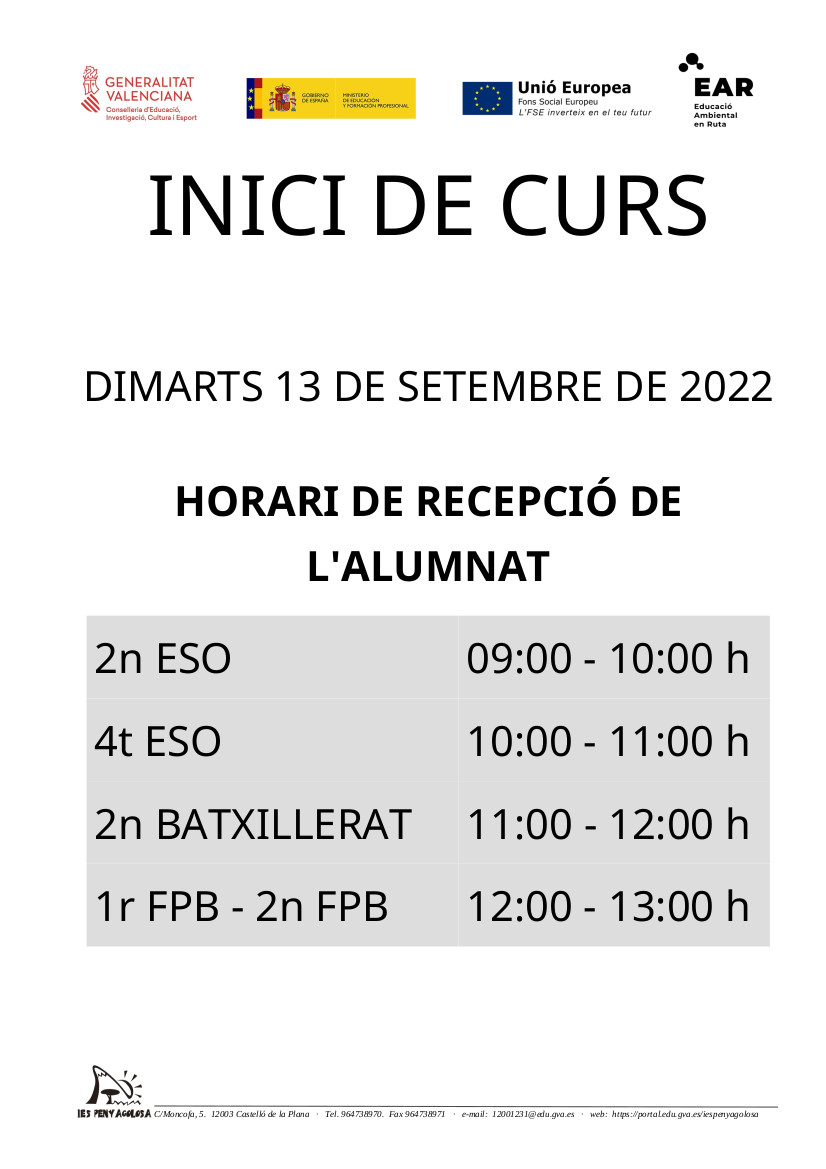 INICI DE CURS 2022-2023 HORARI DE RECEPCIÓ D’ALUMNAT – IES PENYAGOLOSA