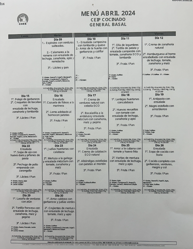 MENÚ DEL MES – CEIP PASCUAL ANDREU