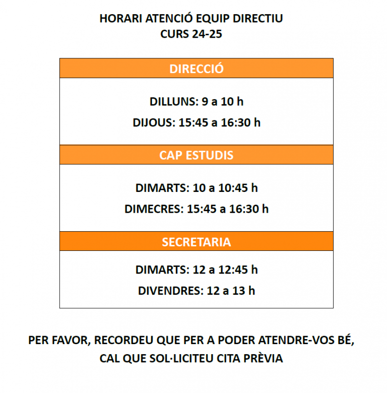HORARIS ATENCIÓ EQUIP DIRECTIU – CEIP TOMÁS DE MONTAÑANA